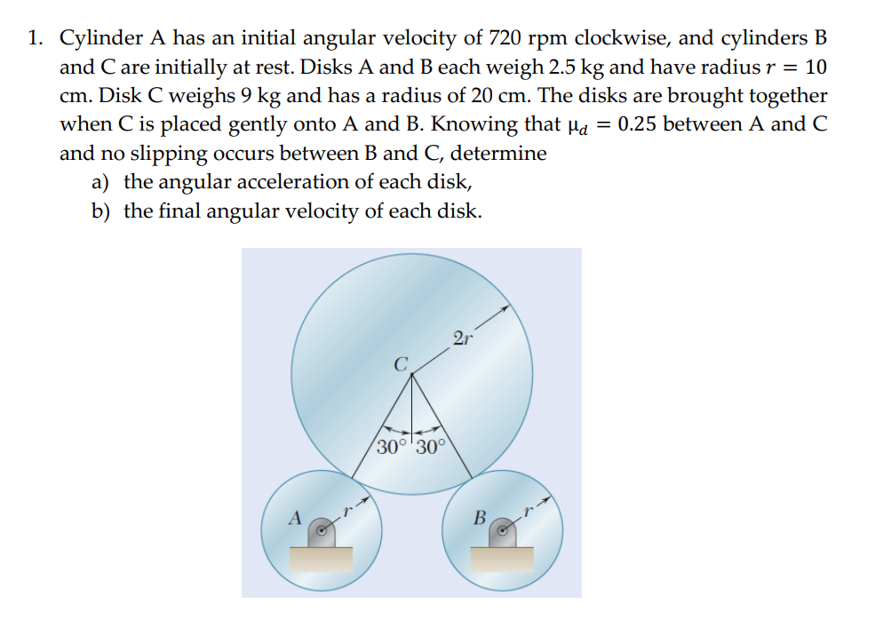Solved 1. ﻿Cylinder A has an initial angular velocity of 720 | Chegg.com