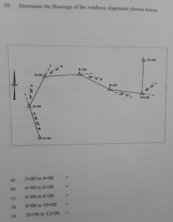 Solved 10. Determine the Bearings of the roadway alignment | Chegg.com