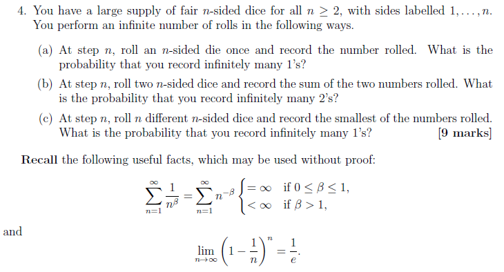 Solved 4. You have a large supply of fair n-sided dice for | Chegg.com