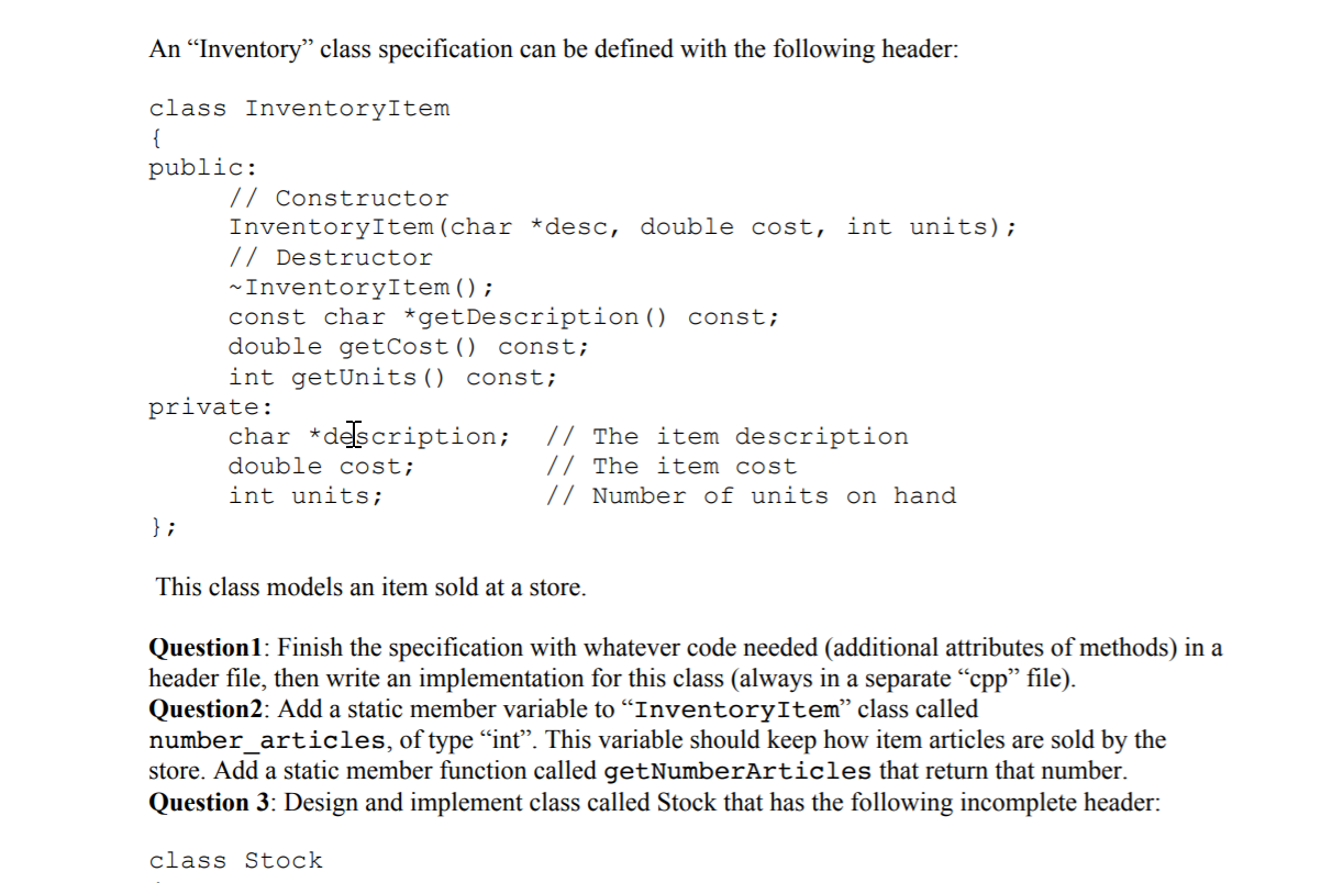 An Inventory” Class Specification Can Be Defined With