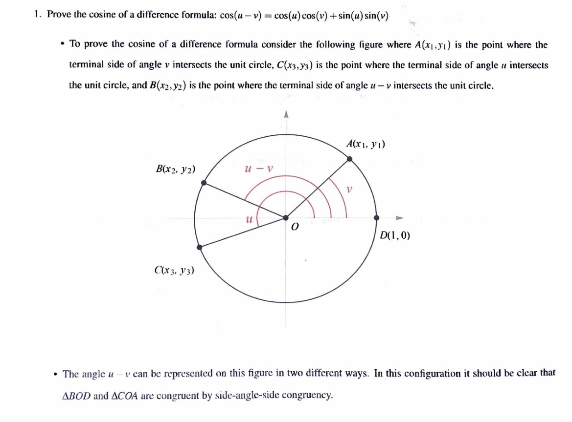 1. Prove the cosine of a difference formula: | Chegg.com