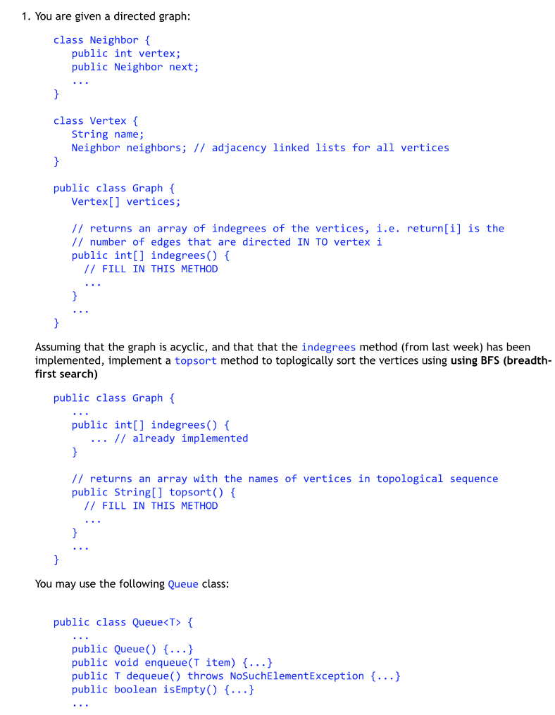 1. You are given a directed graph: class Neighbor \\{ | Chegg.com