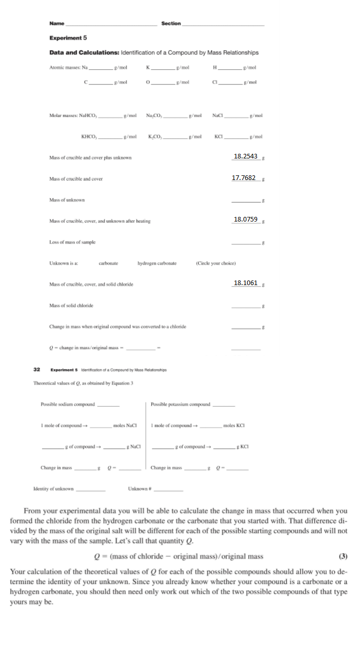 Solved Name Section Experiment 5 Data and Calculations: | Chegg.com