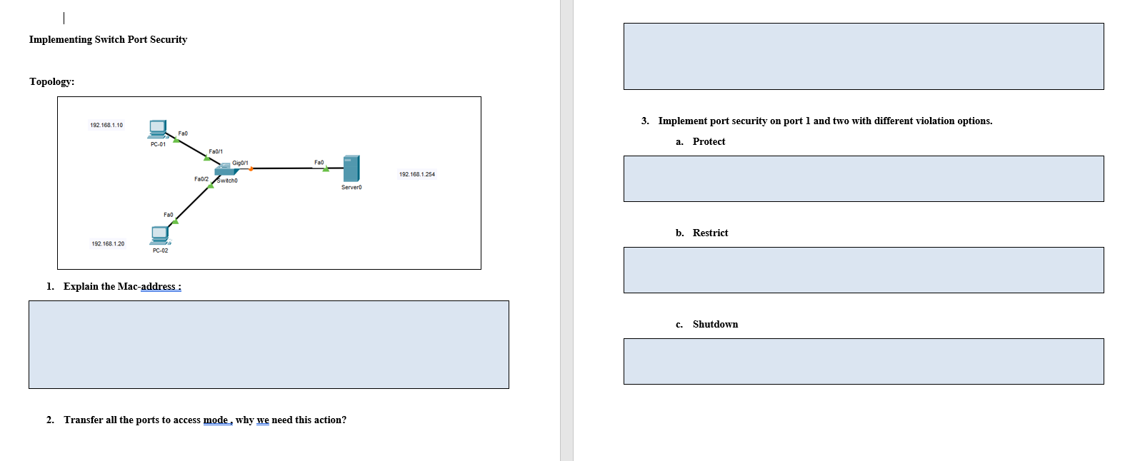 Solved Implementing Switch Port Security Topology 3