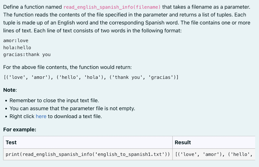 Solved Define a function named read_english_spanish_info | Chegg.com