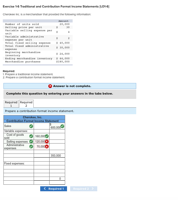 Solved Exercise 1-6 Traditional and Contribution Format | Chegg.com