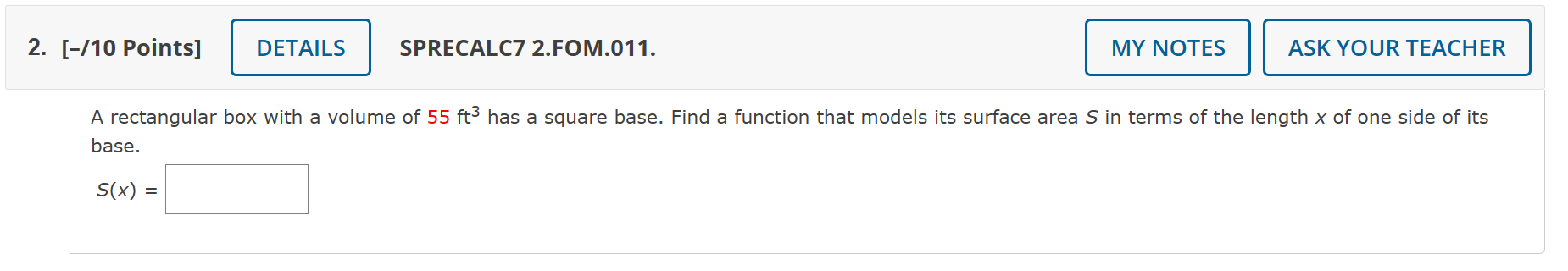 Solved -/10 Points] SPRECALC7 2.FOM.011. A rectangular box | Chegg.com