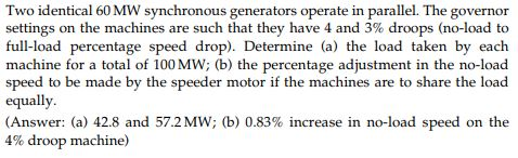 Solved Two identical 60 MW synchronous generators operate in | Chegg.com