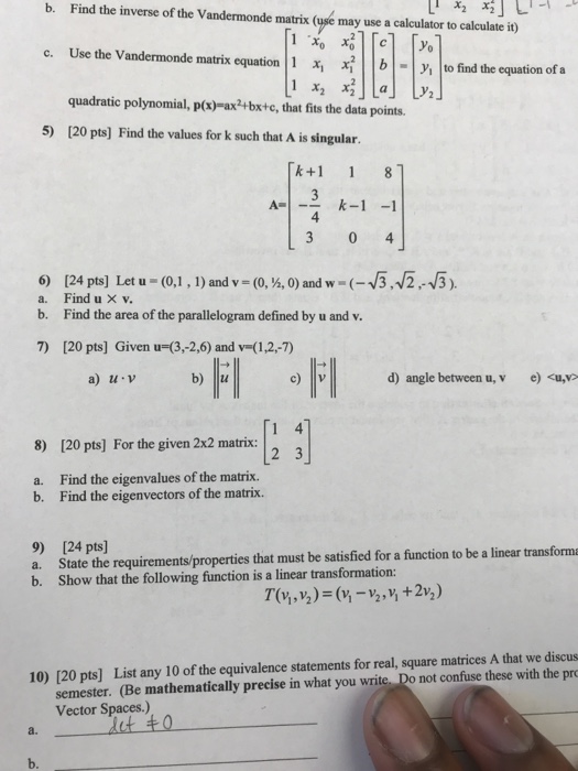 Solved b. Find the inverse of the Vandermonde matrix (use | Chegg.com