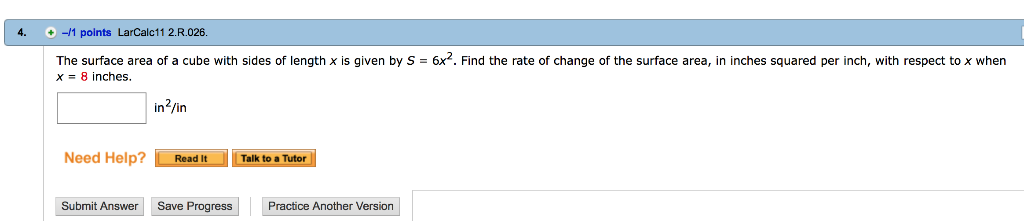 Solved 4· + -/1 points LarCalc1 12.R.026 The surface area of | Chegg.com Solved 4· + -/1 points LarCalc1 12.R.026 The surface area of | Chegg.com