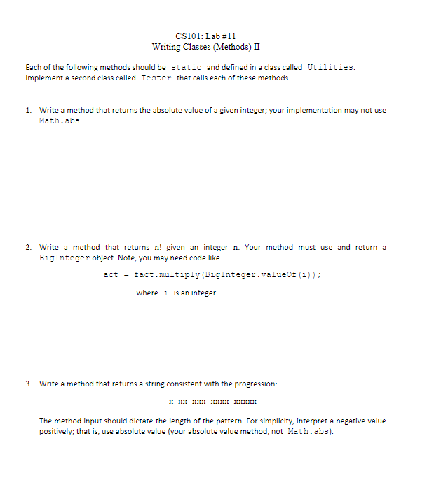 Solved CS101: Lab#11 Writing Classes (Methods) II Each of | Chegg.com