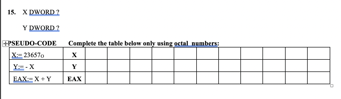 Solved 15. X DWORD? Y DWORD? #PSEUDO-CODE Complete the table | Chegg.com