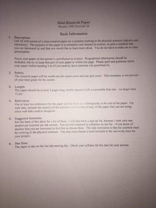 Mini-Research Paper Physics 100L Exercise 10 Basic | Chegg.com