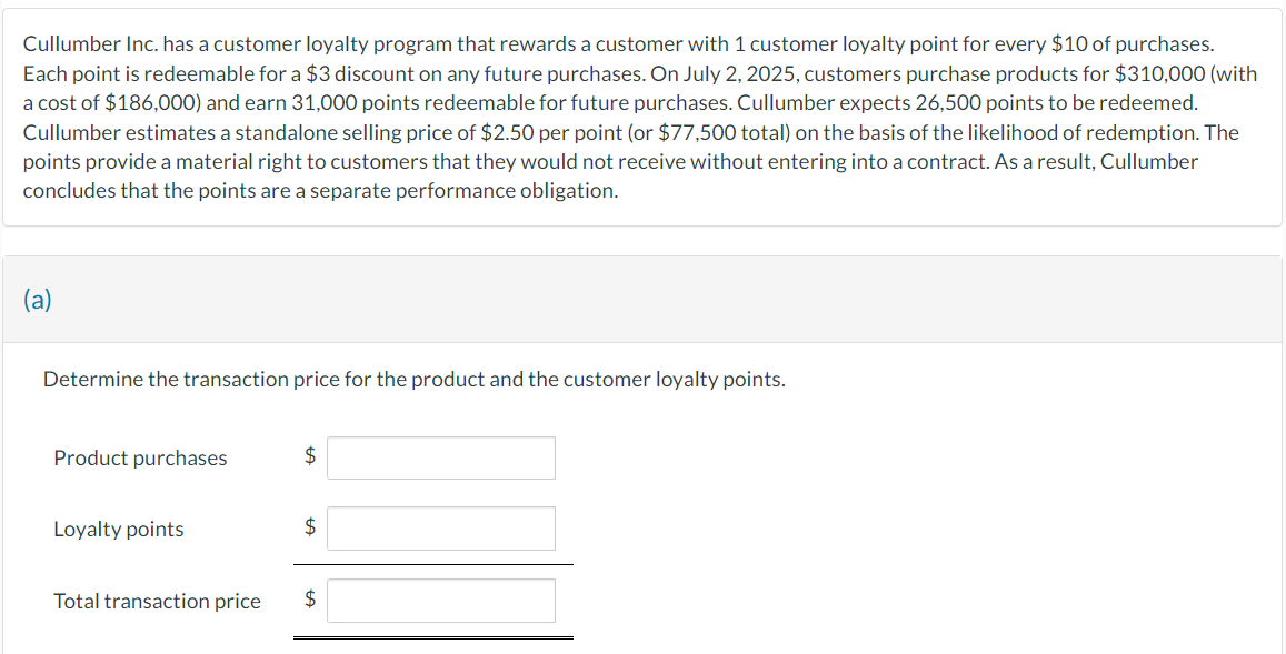 Solved Cullumber Inc. has a customer loyalty program that | Chegg.com