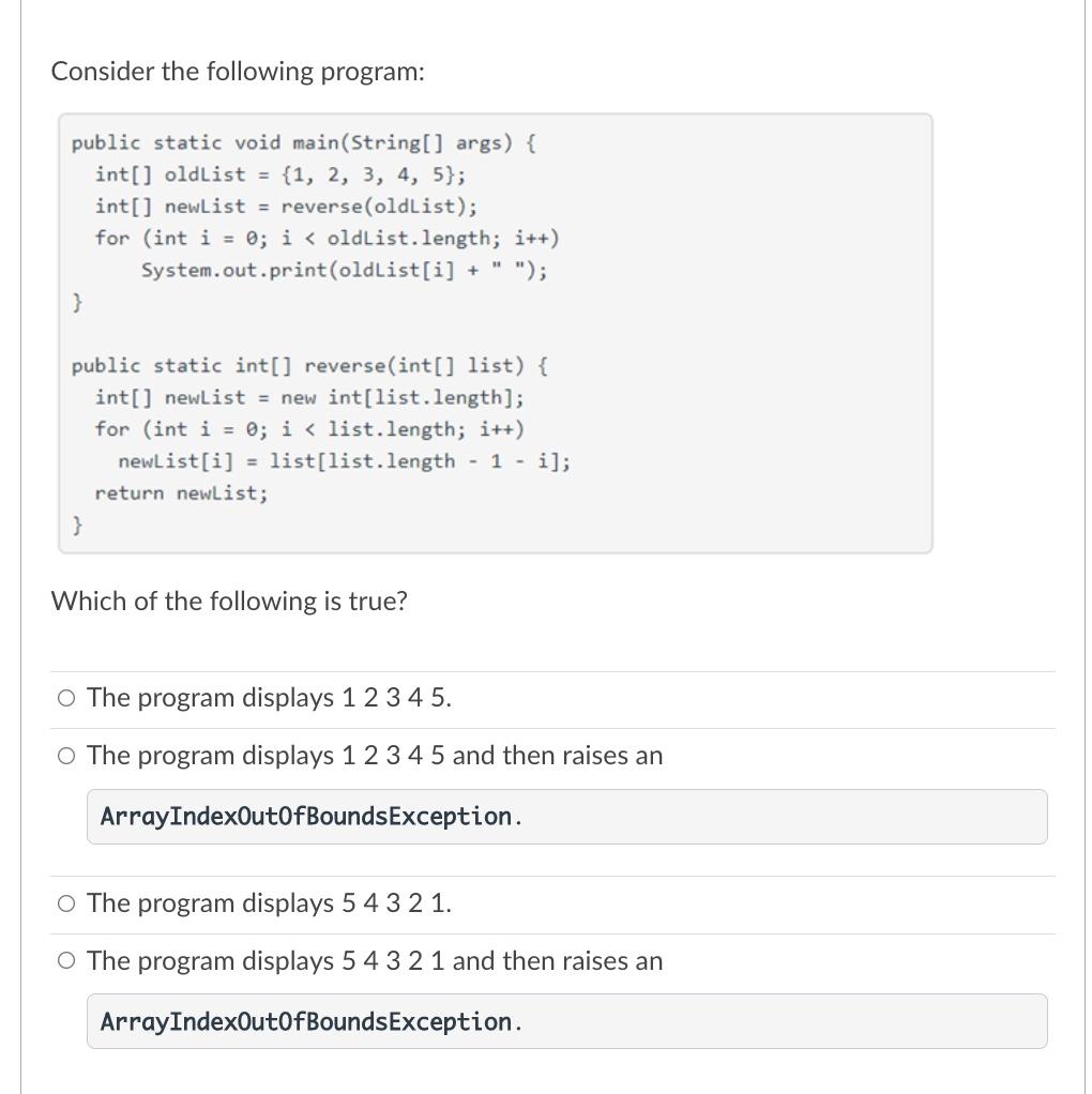 Solved Consider the following program: public static void | Chegg.com