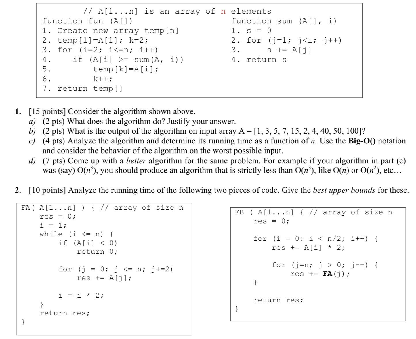 // A[1…n] is an array of n elements function fun | Chegg.com