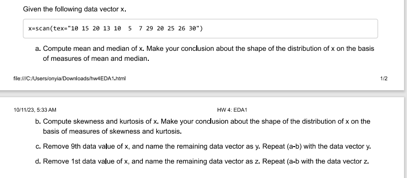 Solved Given the following data vector x. a. Compute mean | Chegg.com