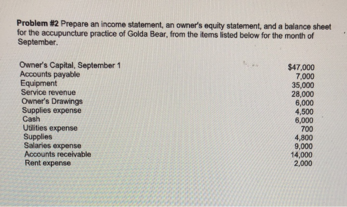 Solved Problem #2 Prepare an income statement, an owner's | Chegg.com