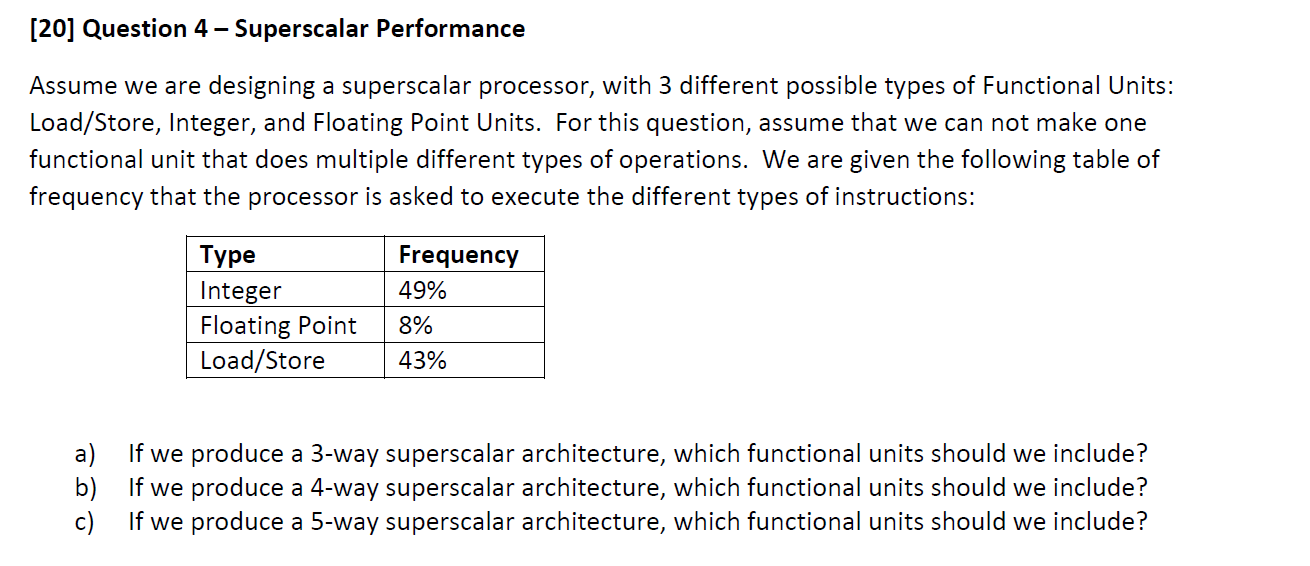 Solved [20] Question 4 - Superscalar Performance Assume we | Chegg.com