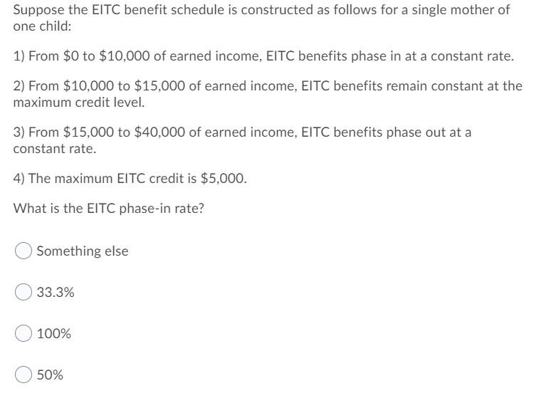 Solved Suppose the EITC benefit schedule is constructed as | Chegg.com