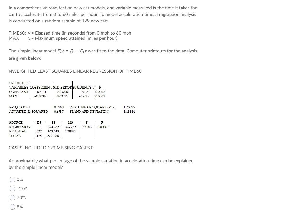 Solved In a comprehensive road test on new car models, one | Chegg.com
