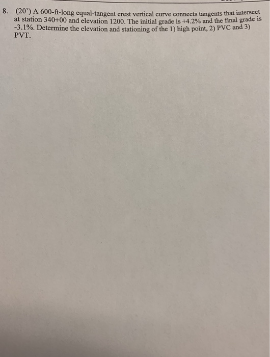 Solved 8. (20') A 600-ft-long equal-tangent crest vertical | Chegg.com