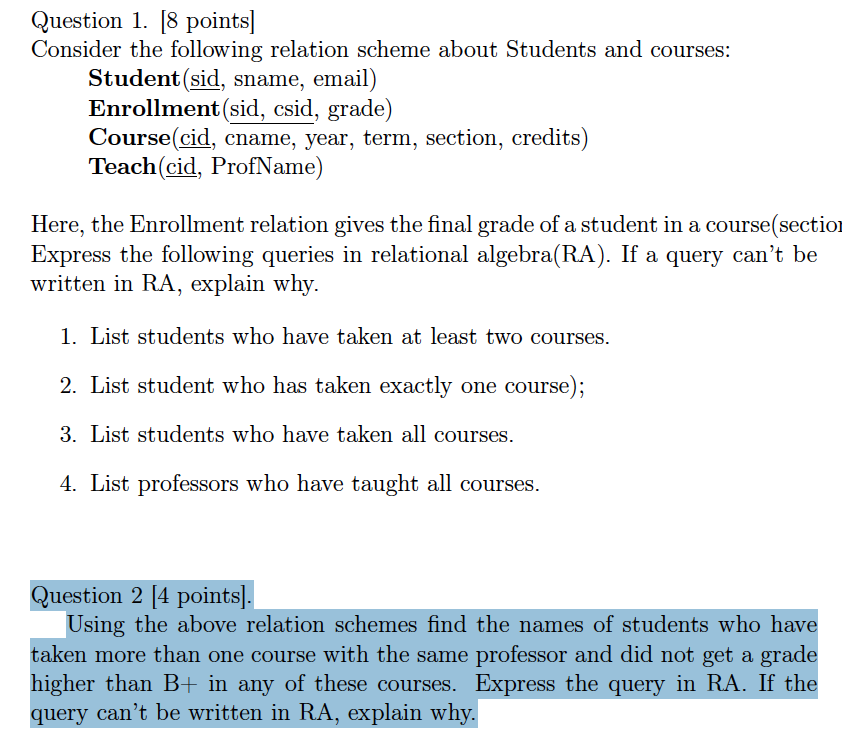 Question 1. [8 points] Consider the following | Chegg.com