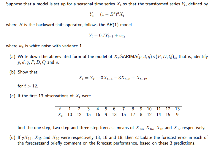 Solved Suppose that a model is set up for a seasonal time | Chegg.com