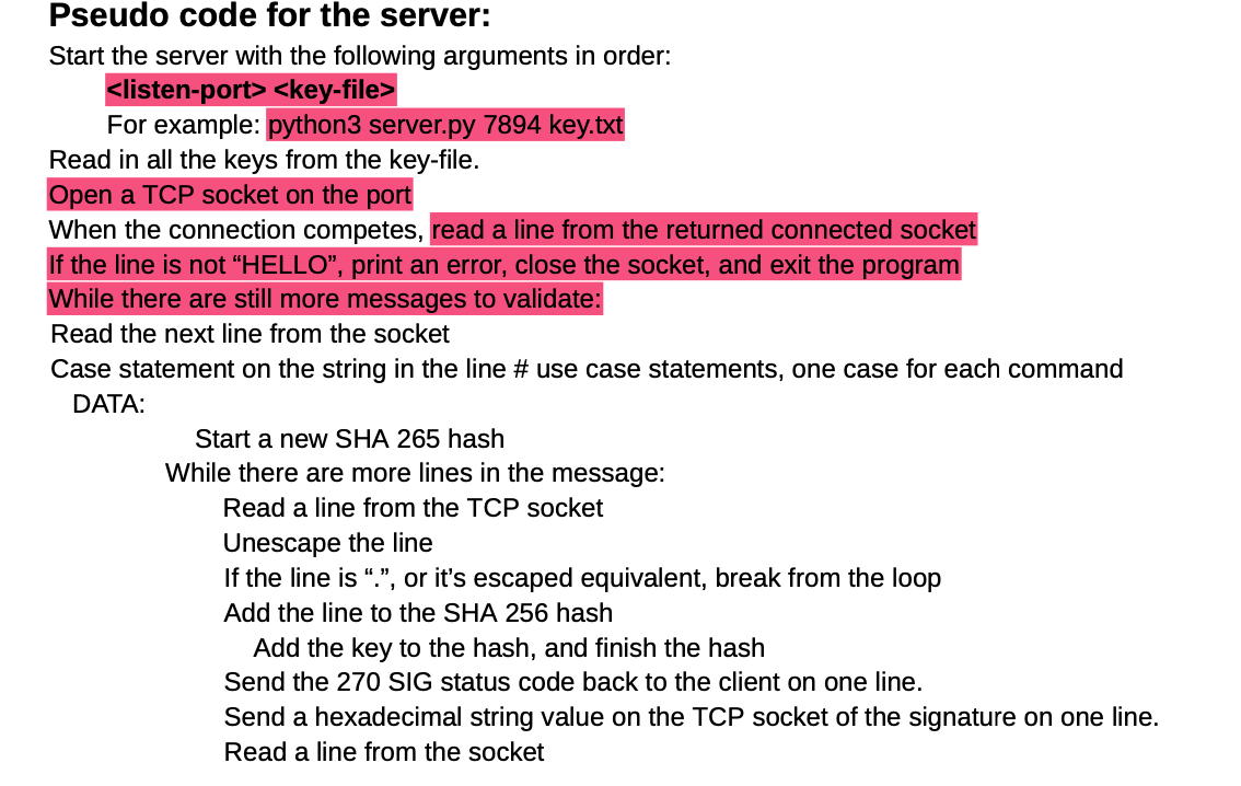 Solved Pseudo code for the server: Start the server with the | Chegg.com