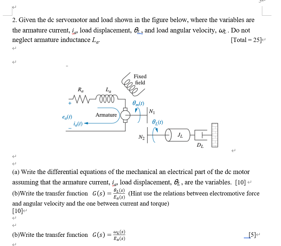 Solved 2. Given the dc servomotor and load shown in the | Chegg.com