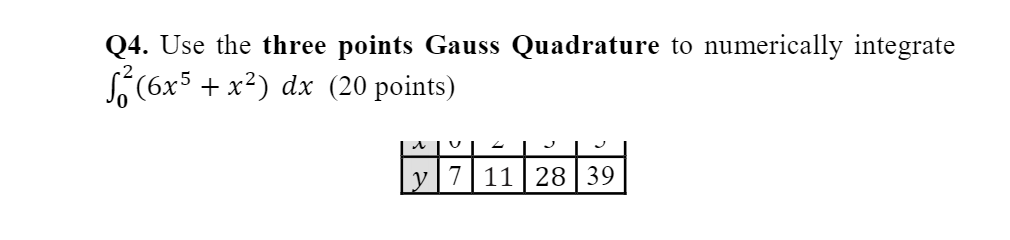 Solved Q4. Use the three points Gauss Quadrature to | Chegg.com