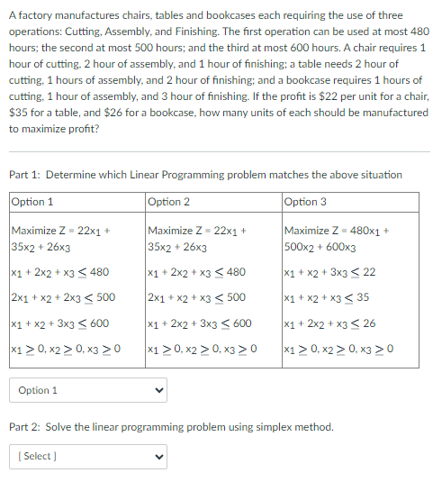 Solved Part 2 Options: 133 Chairs, 0 Tables, and 153 | Chegg.com