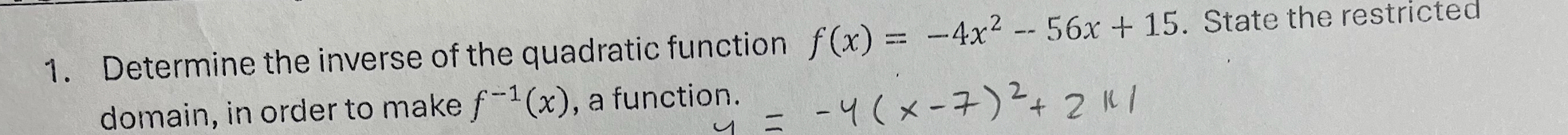 Solved Determine the inverse of ﻿the quadratic function | Chegg.com