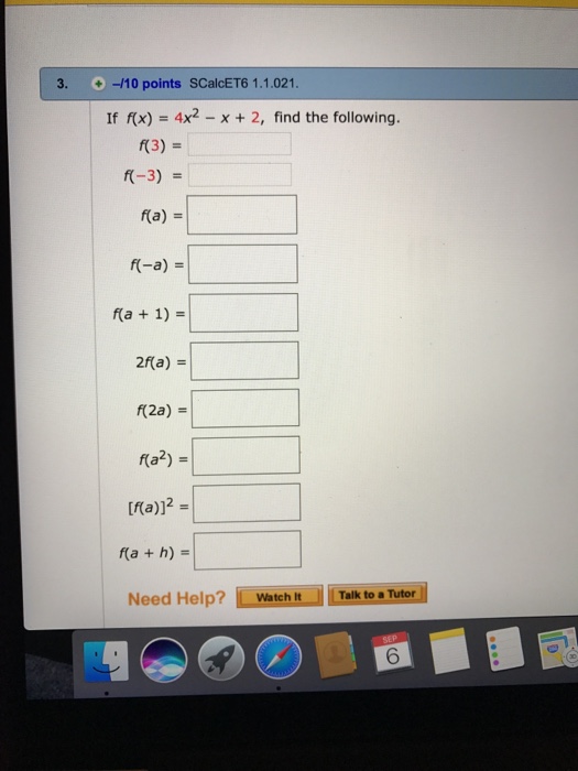 Solved If f(x) = 4x^2 - x + 2, find the following. f(3) = | Chegg.com