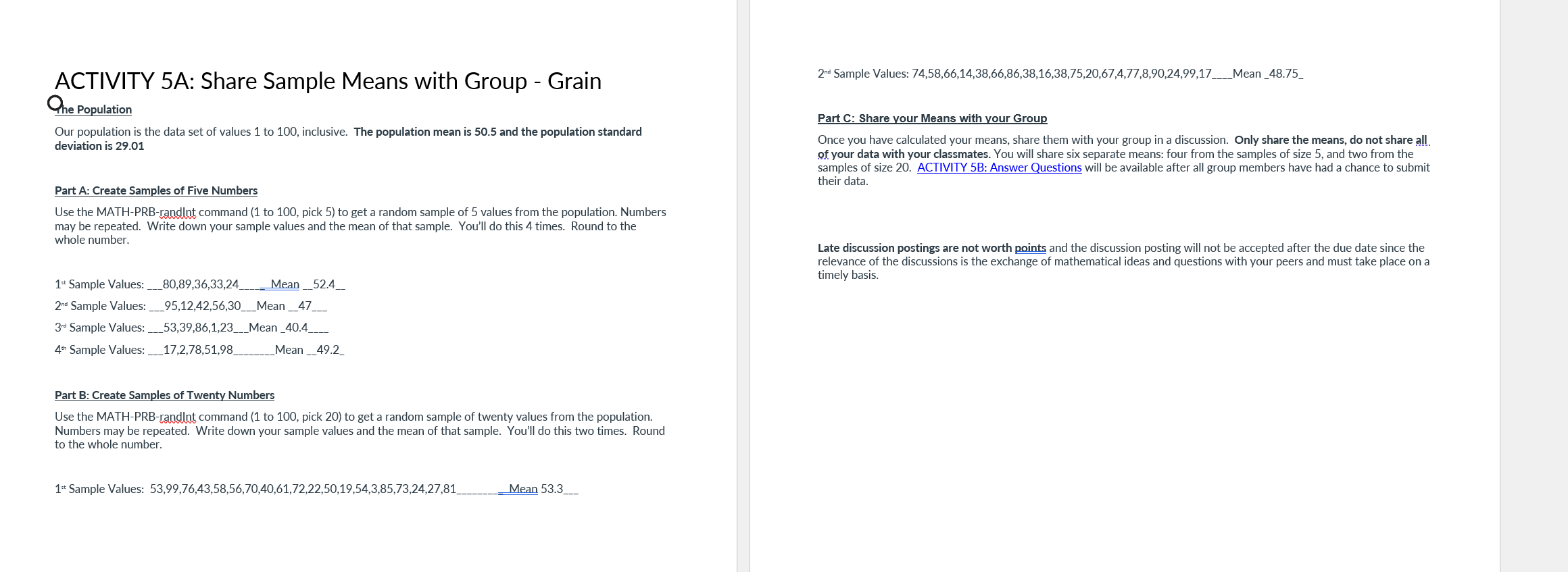 Use the MATH-PRB-randlnt command (1 to 100, pick 5) | Chegg.com