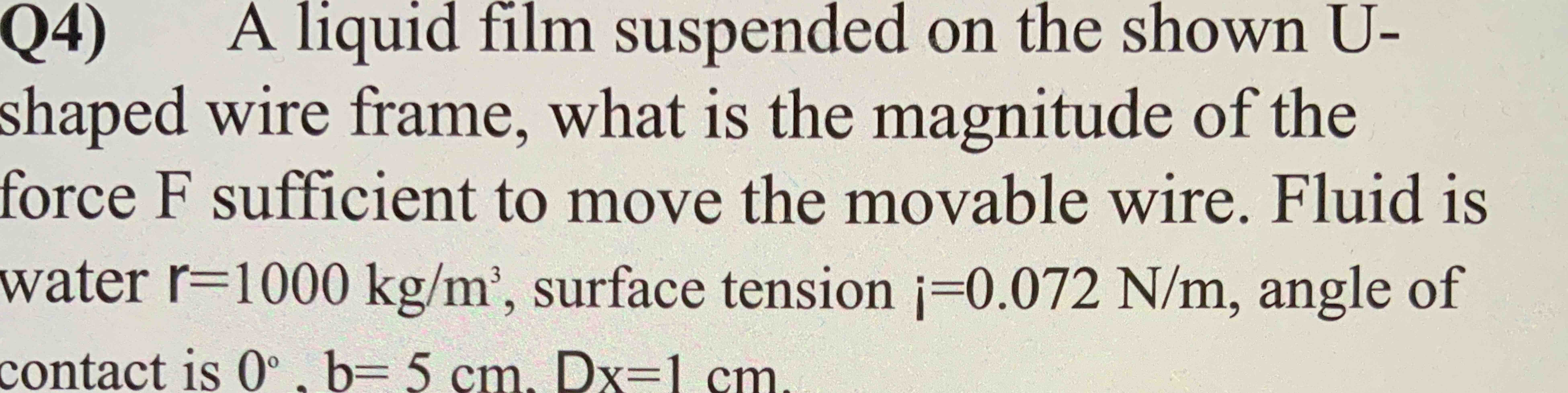 Solved Q4) ﻿A liquid film suspended on the shown U-shaped | Chegg.com