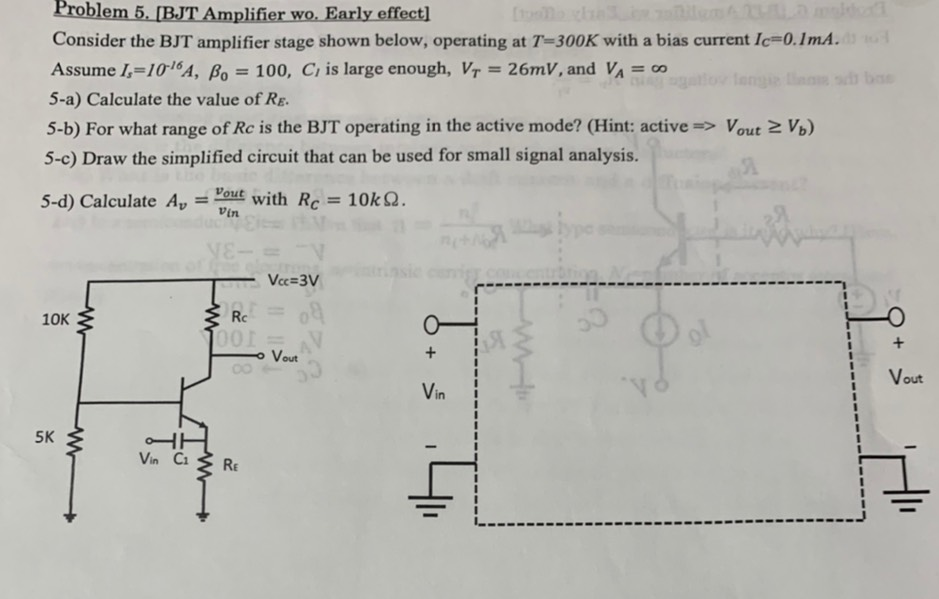 Solved Problem 5. [BJT Amplifier wo. Early effect] Consider | Chegg.com