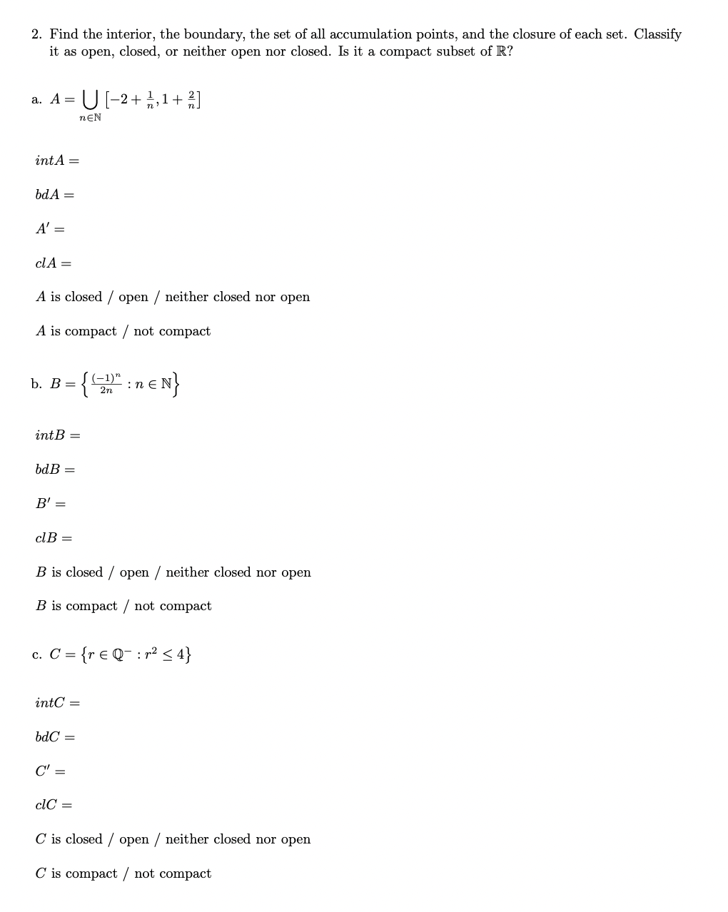Solved 2. Find the interior, the boundary, the set of all | Chegg.com