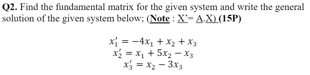 Solved Q2. Find the fundamental matrix for the given system | Chegg.com
