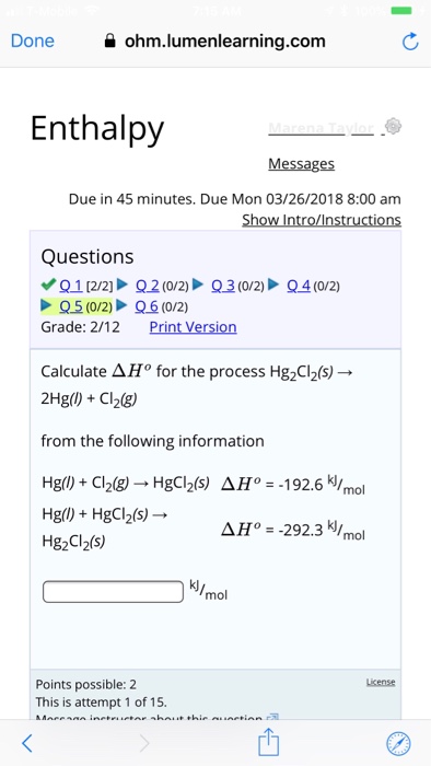 Solved Done a ohm.lumenlearning.com Enthalpy Due in 45 | Chegg.com