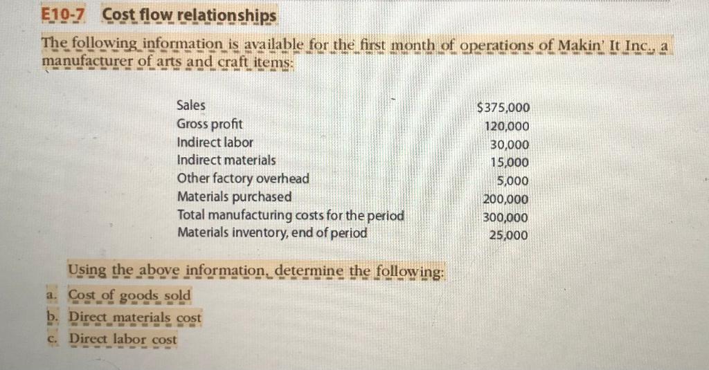 Solved E10-7 Cost flow relationships The following | Chegg.com
