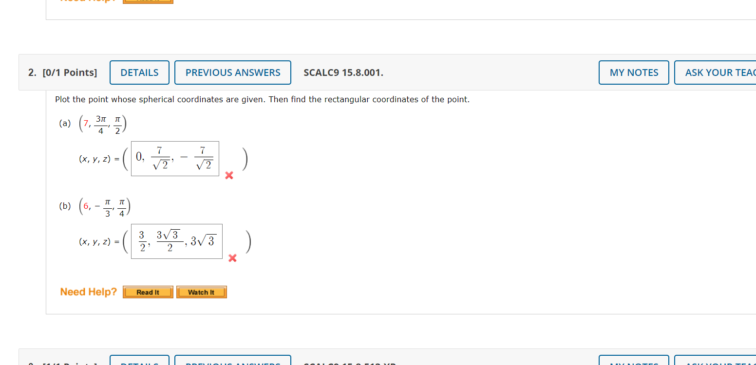 Solved SCALC9 15.8.001. the point whose spherical | Chegg.com