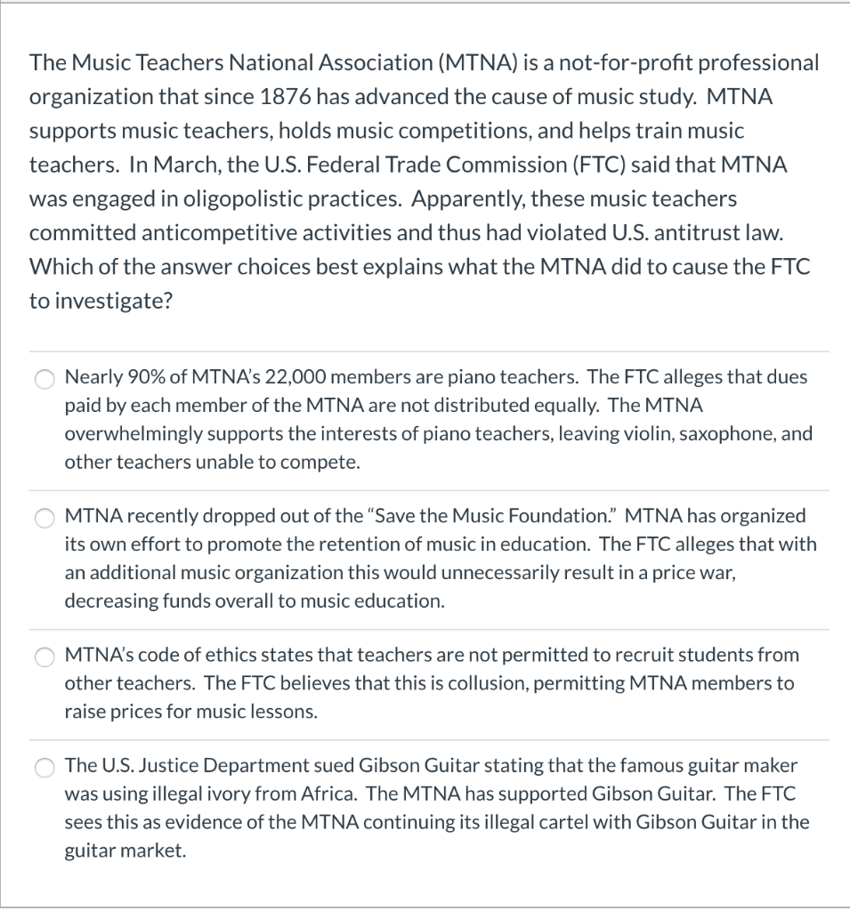 Solved The Music Teachers National Association (MTNA) is a | Chegg.com