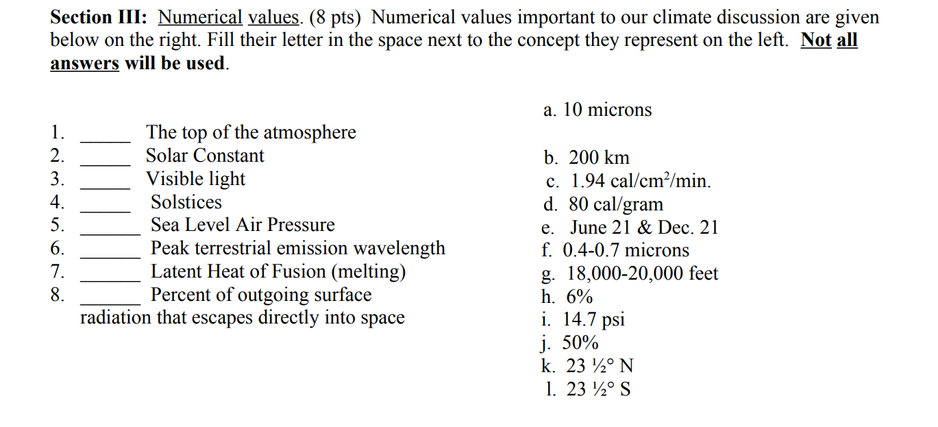 Solved Section III: Numerical values. (8 pts) Numerical | Chegg.com
