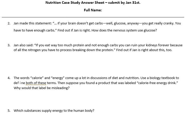 Solved Nutrition Case Study Answer Sheet -submit by Jan | Chegg.com