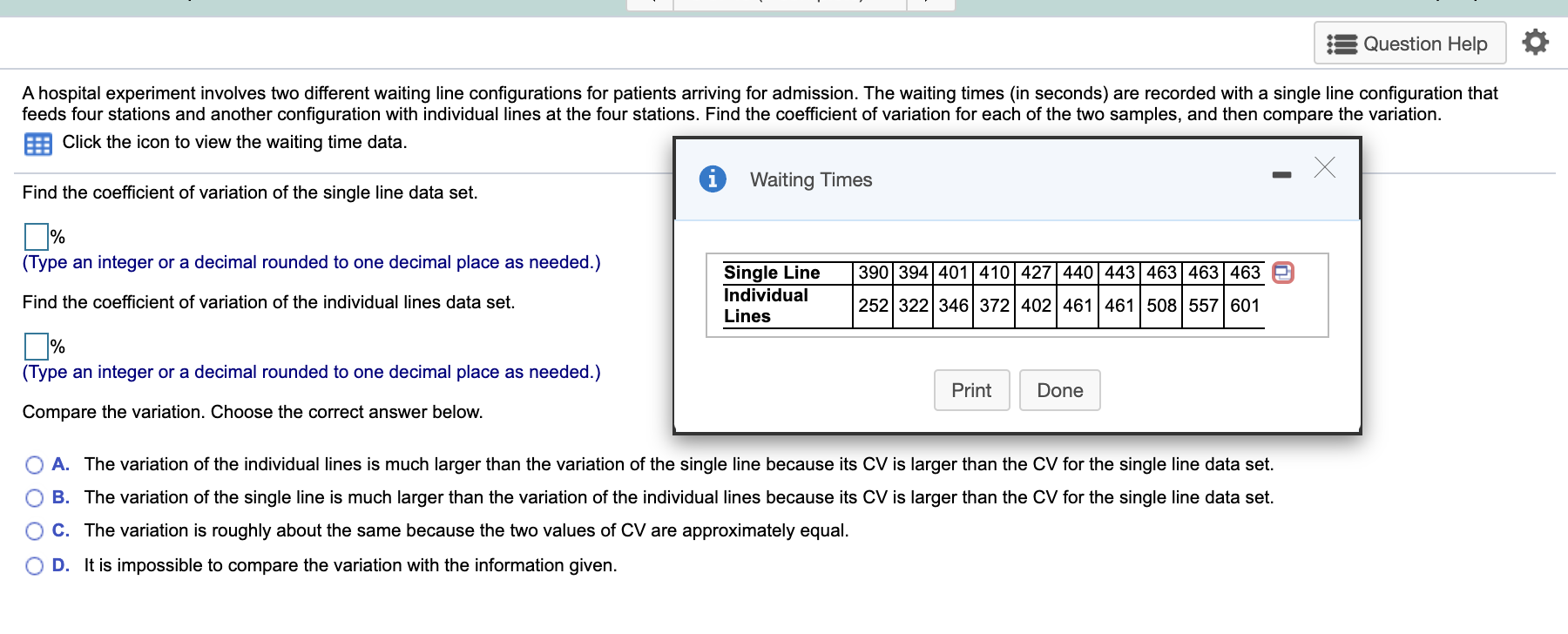 Solved Question Help A hospital experiment involves two | Chegg.com