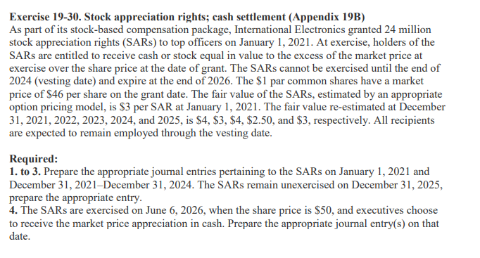 Solved Exercise 19-30. Stock appreciation rights; cash | Chegg.com