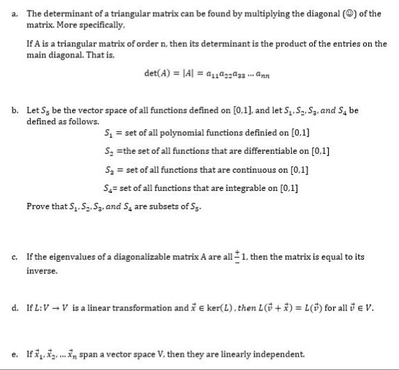 Solved a. The determinant of a triangular matrix can be | Chegg.com