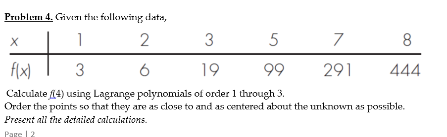 Solved Problem 4. Given the following data, Х 2 1 3. 5 7 8. | Chegg.com