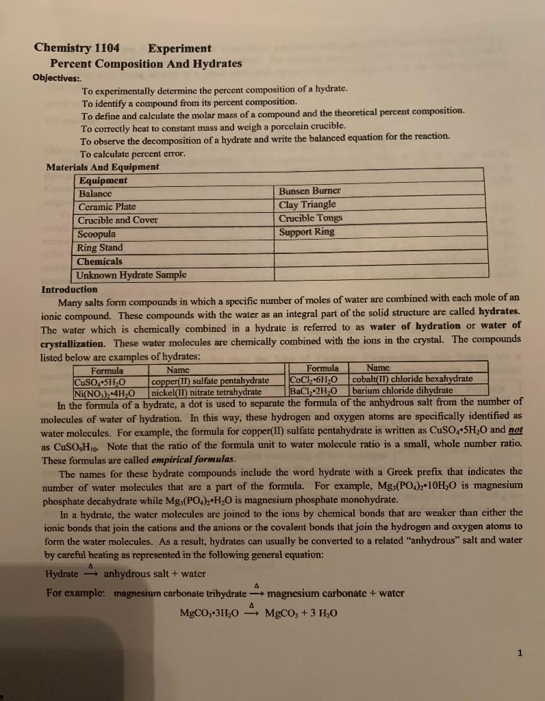 Solved Chemistry 1104 Experiment Percent Composition And | Chegg.com